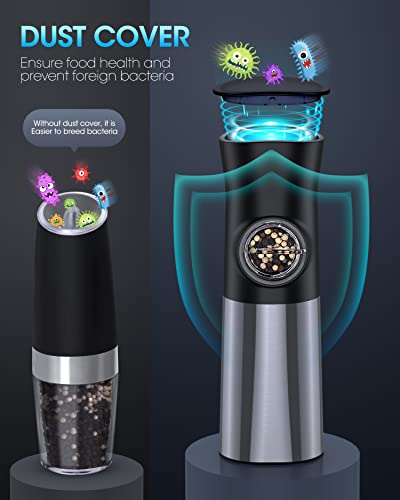 Gravity-Electric-Salt-and-Pepper-Grinder-Set - ππ©π π«ππππ Large Capacity - USB Rechargeable Automatic Pepper Mill Grinder - Adjustable Coarseness - One Hand Operated - Stainless Steel, LED Light