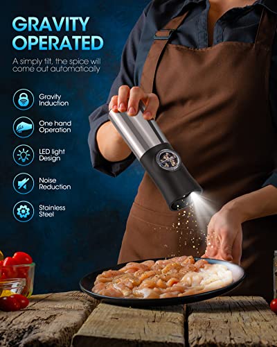 Gravity-Electric-Salt-and-Pepper-Grinder-Set - ππ©π π«ππππ Large Capacity - USB Rechargeable Automatic Pepper Mill Grinder - Adjustable Coarseness - One Hand Operated - Stainless Steel, LED Light