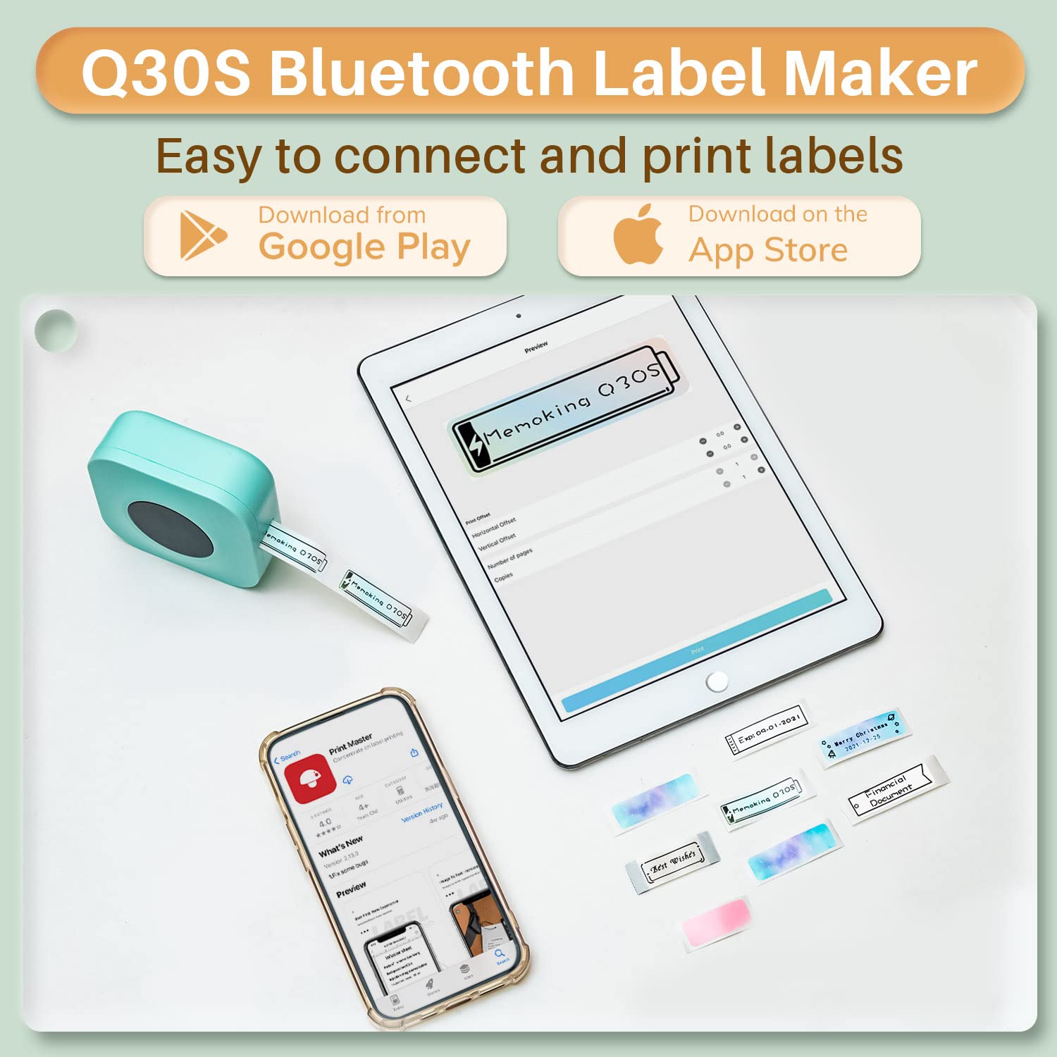 Memoking Small Label Maker Q30S Label Makers with Tape Portable - Wireless Bluetooth Label Maker with Different Fonts, Easy to Use, with 3 Rolls 14mm x 40mm White Thermal Labels Tapes
