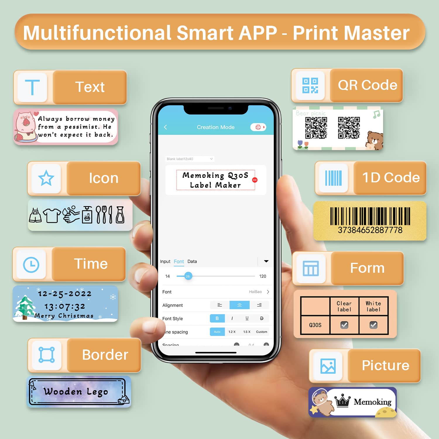 Memoking Small Label Maker Q30S Label Makers with Tape Portable - Wireless Bluetooth Label Maker with Different Fonts, Easy to Use, with 3 Rolls 14mm x 40mm White Thermal Labels Tapes