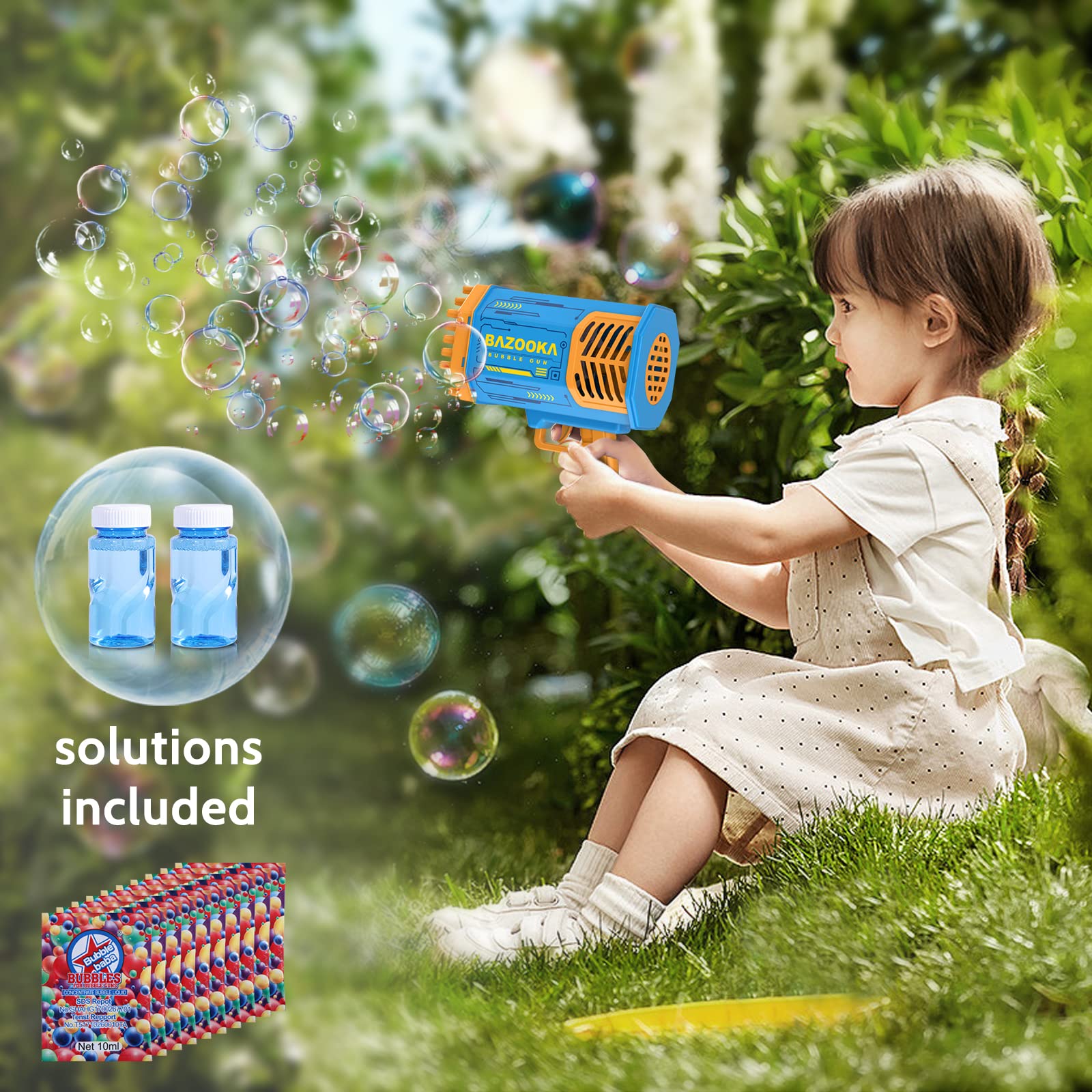 Bubble Gun, Bazooka Bubble Machine Gun, Bubble Blaster Gun with Bubble Solution, 69 Holes Bubble Bazooka Gun Outdoor Summer Toy Gifts Party Favors for Kids Blue Bubble Maker Blowers