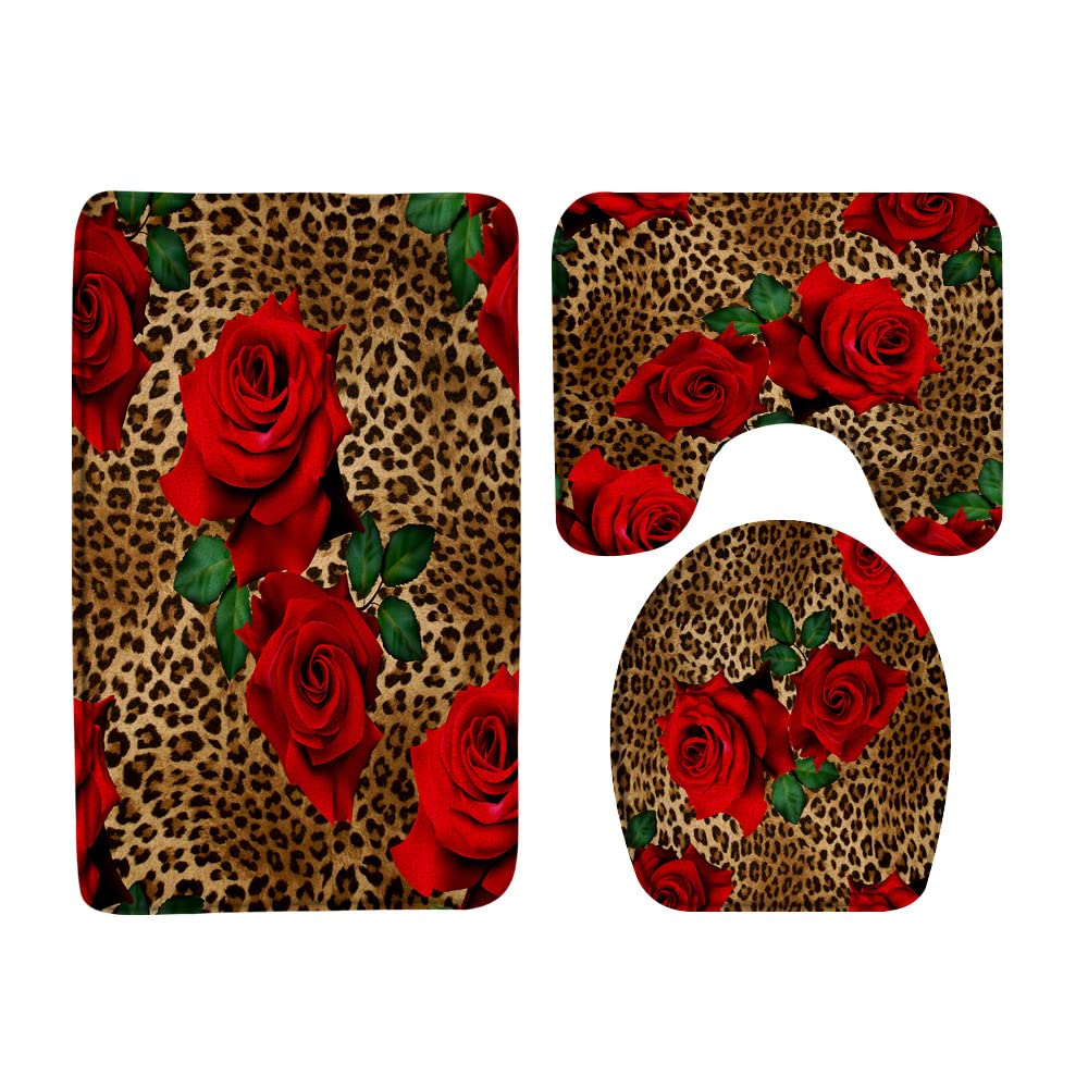 3 Pieces Bath Rugs Leopard Flower Bath Mat Red Rose Flower Mixed Wild Animal Skin Pattern Romantic Cheetah Safari Creative Valentine,Microfiber Memory Foam 16x24 Inch Bath Mat Sets or Bathroom Decor