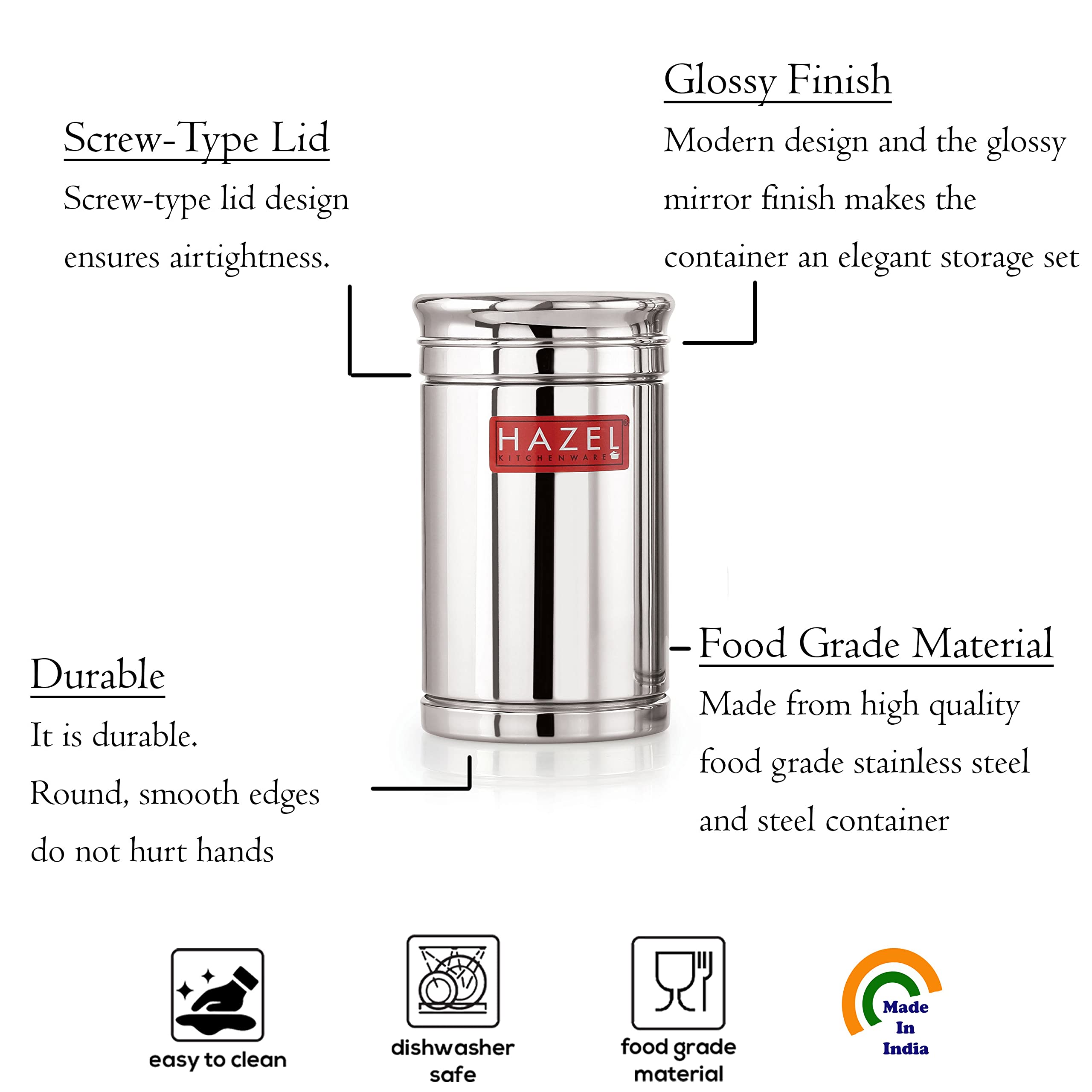HAZEL Stainless Steel Airtight Container | 800 ml Steel Storage Box For Kitchen | Steel Container Jar For Kitchen Storage | Ideal For Storing Rice, Cereal, Pulse, Snacks