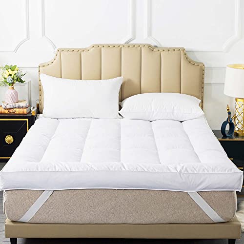 WhatsBedding 5 Inch Goose Down and Feather Bed, Luxury Extra Thick Mattress Topper California King Size, Hotel Collection 1900 GSM Overfilled Pillow Top, Hand Made 1200TC Cotton Fabric, 72x84 Inch