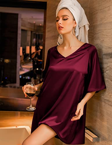 eshion Women's Satin Nightgowns V Neck Sleepshirt Short Sleeves Sleepwear Silk Nightshirt Wine Red X-Large