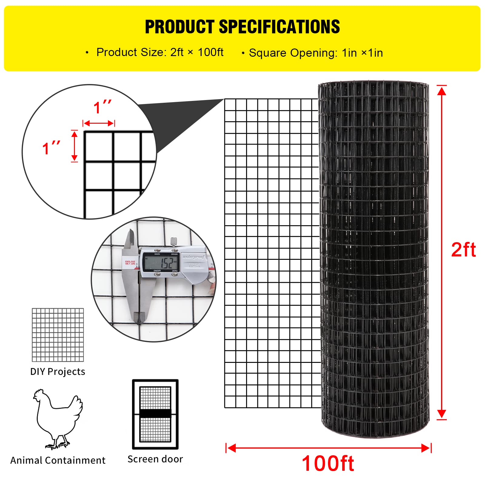 24'' x100' 1inch Hardware Cloth16 Gauge Black Vinyl Coated Welded Fence Mesh for Home and Garden Fence and Home Improvement Project (24'' x 100')