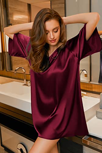 eshion Women's Satin Nightgowns V Neck Sleepshirt Short Sleeves Sleepwear Silk Nightshirt Wine Red X-Large