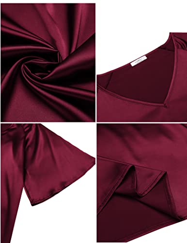 eshion Women's Satin Nightgowns V Neck Sleepshirt Short Sleeves Sleepwear Silk Nightshirt Wine Red X-Large