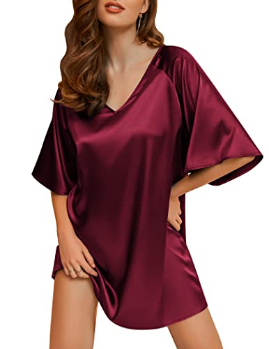 eshion Women's Satin Nightgowns V Neck Sleepshirt Short Sleeves Sleepwear Silk Nightshirt Wine Red X-Large
