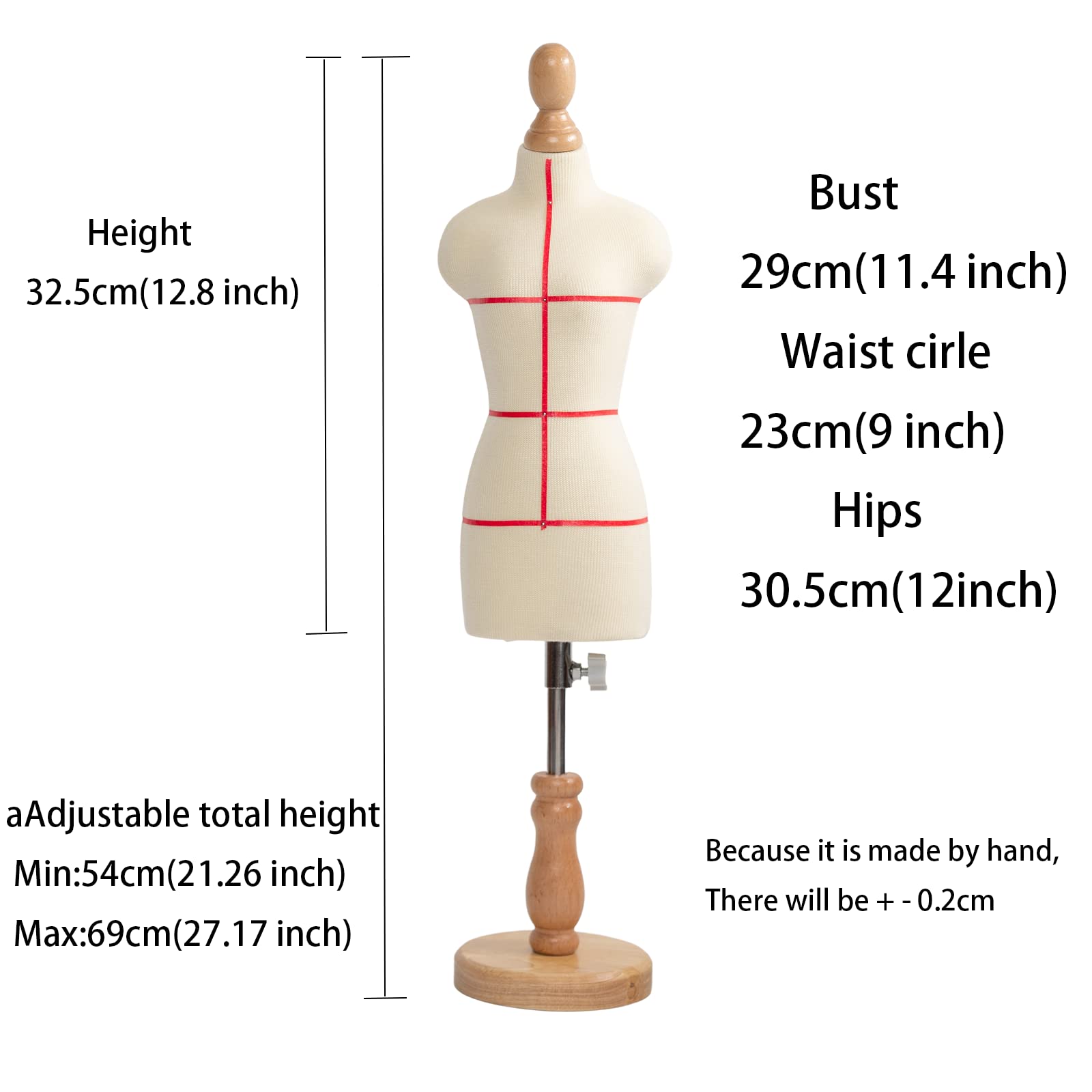 lavandeform Female Dress Form Mannequin(Not Full Size Body Height 12.8 inch for Sewing, 1/3 Size Female Tailor Dressmaker Dummy for Pattern Making Fully Pinnable Mannequin with Wooden Stand (1/3)