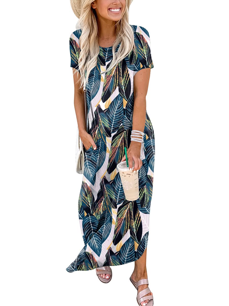 ANRABESS Women's Summer Casual Loose Short Sleeve Long T Shirt Dress Split Maxi Beach Sundress Travel Vacation Outfits Leaf Print X-Large