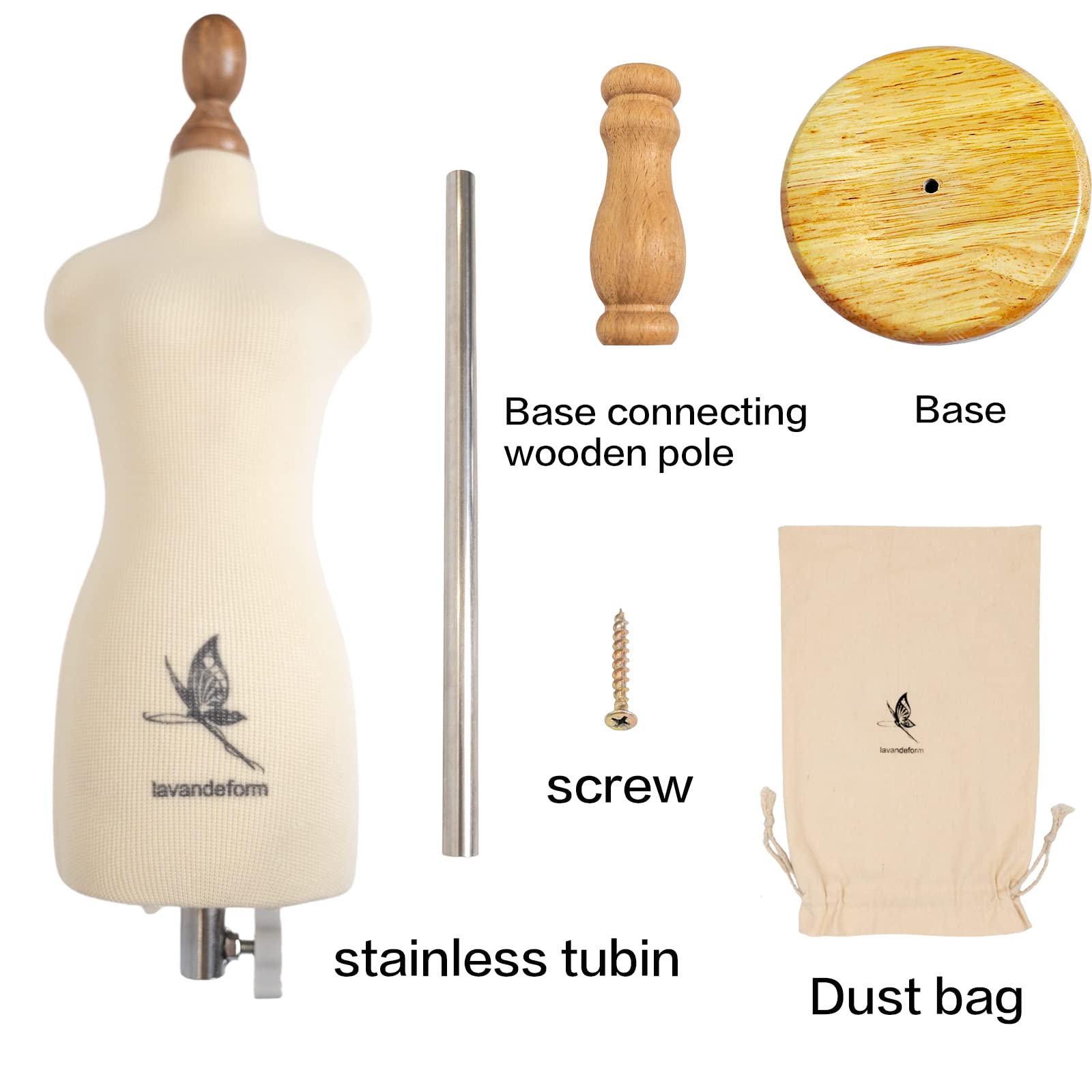 lavandeform Female Dress Form Mannequin(Not Full Size Body Height 12.8 inch for Sewing, 1/3 Size Female Tailor Dressmaker Dummy for Pattern Making Fully Pinnable Mannequin with Wooden Stand (1/3)