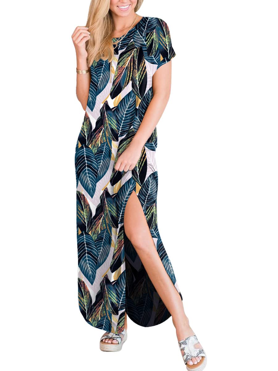 ANRABESS Women's Summer Casual Loose Short Sleeve Long T Shirt Dress Split Maxi Beach Sundress Travel Vacation Outfits Leaf Print X-Large