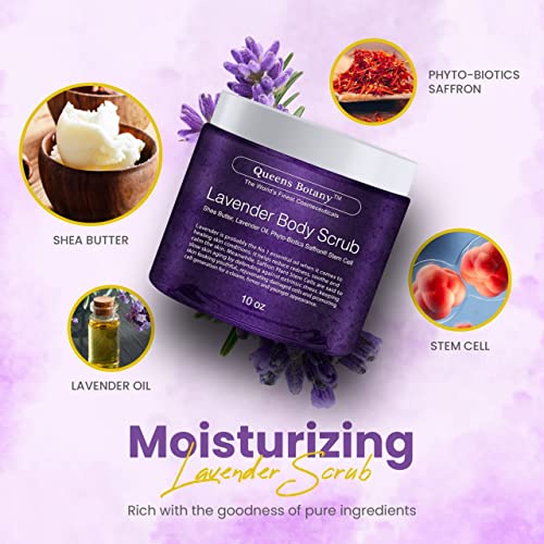 Lavender Oil Body Scrub - Moisturizing Shea Butter, Saffron & Nourishing Body Oils - Exfoliating Salt Scrub For Body & Face -Win Against Aging, Stretch Marks, Cellulite, Acne & Dead Skin Scars- 10 oz