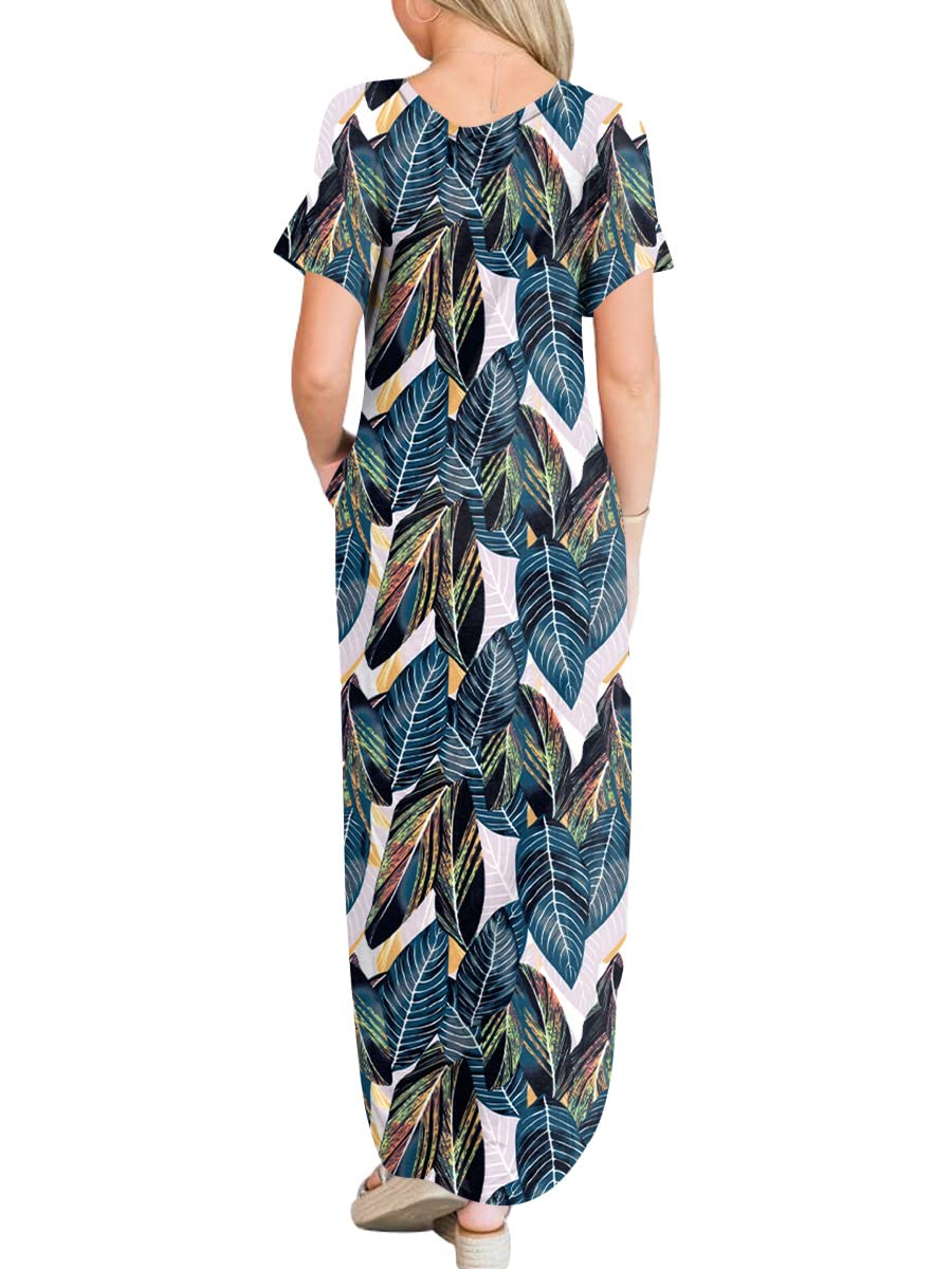 ANRABESS Women's Summer Casual Loose Short Sleeve Long T Shirt Dress Split Maxi Beach Sundress Travel Vacation Outfits Leaf Print X-Large
