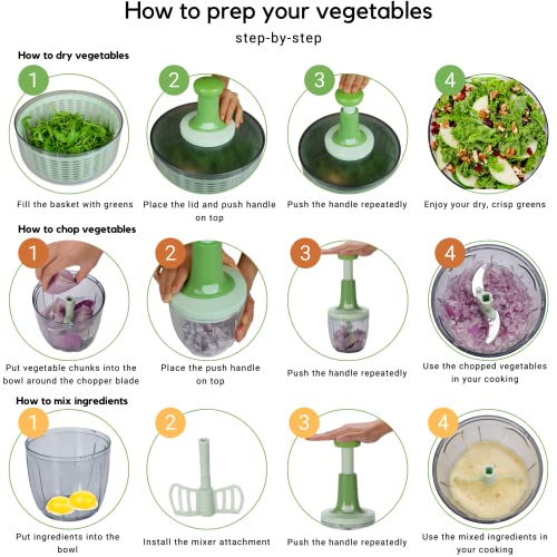 Brieftons Salad Spinner and Chopper: Large 6.3-Quart Lettuce Greens Vegetable Washer Dryer, with Bonus 0.95-Quart Veggie Chopper Mixer, Compact Storage, Easy Push Operation for Quick Veggie Prepping