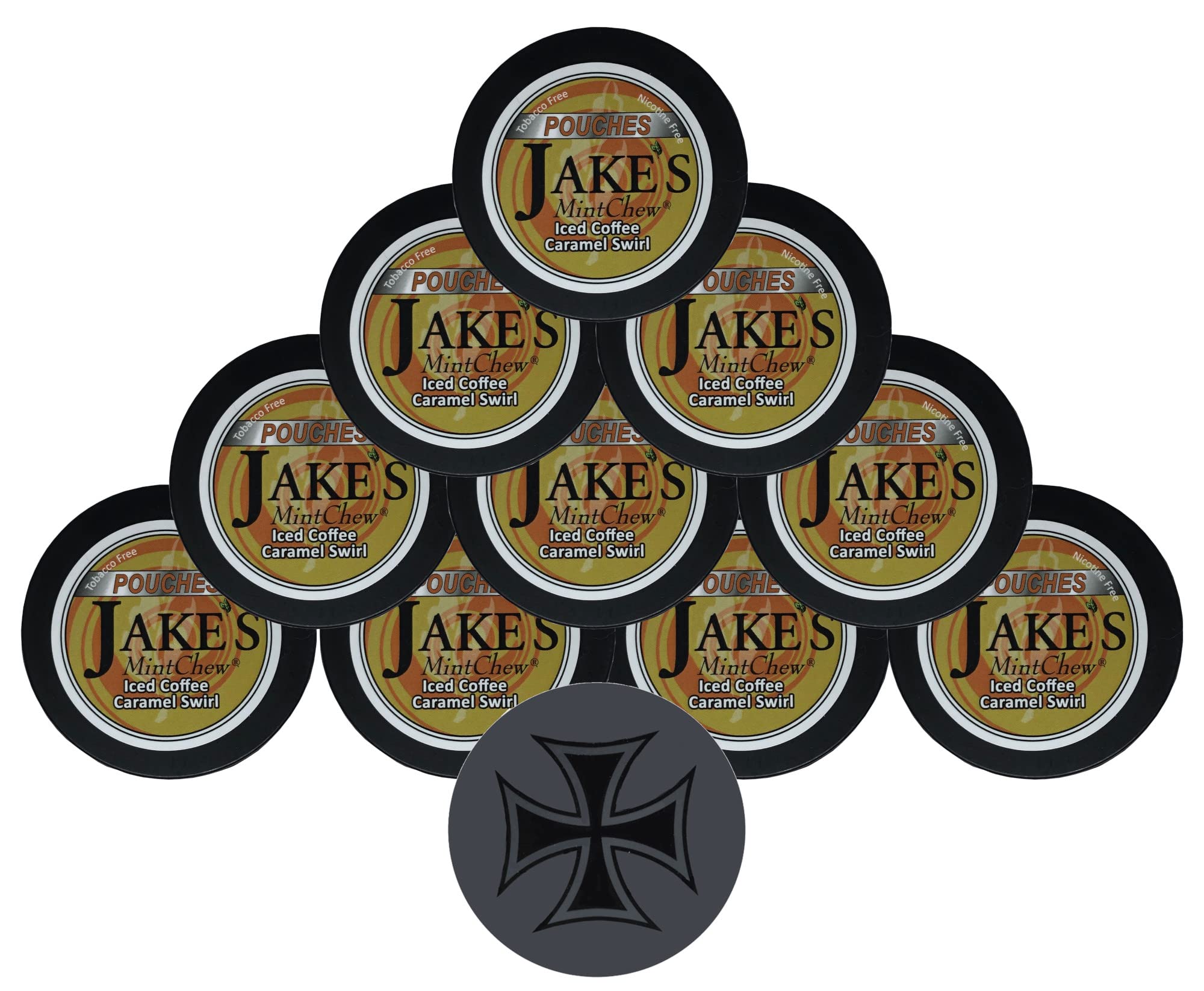 DC Crafts Nation Skin Can Cover Iron Cross with 10 Cans Jake's Mint Chew Iced Coffee Caramel Swirl Pouches
