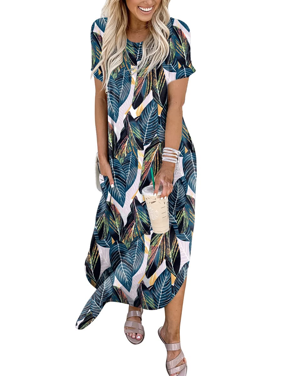 ANRABESS Women's Summer Casual Loose Short Sleeve Long T Shirt Dress Split Maxi Beach Sundress Travel Vacation Outfits Leaf Print X-Large