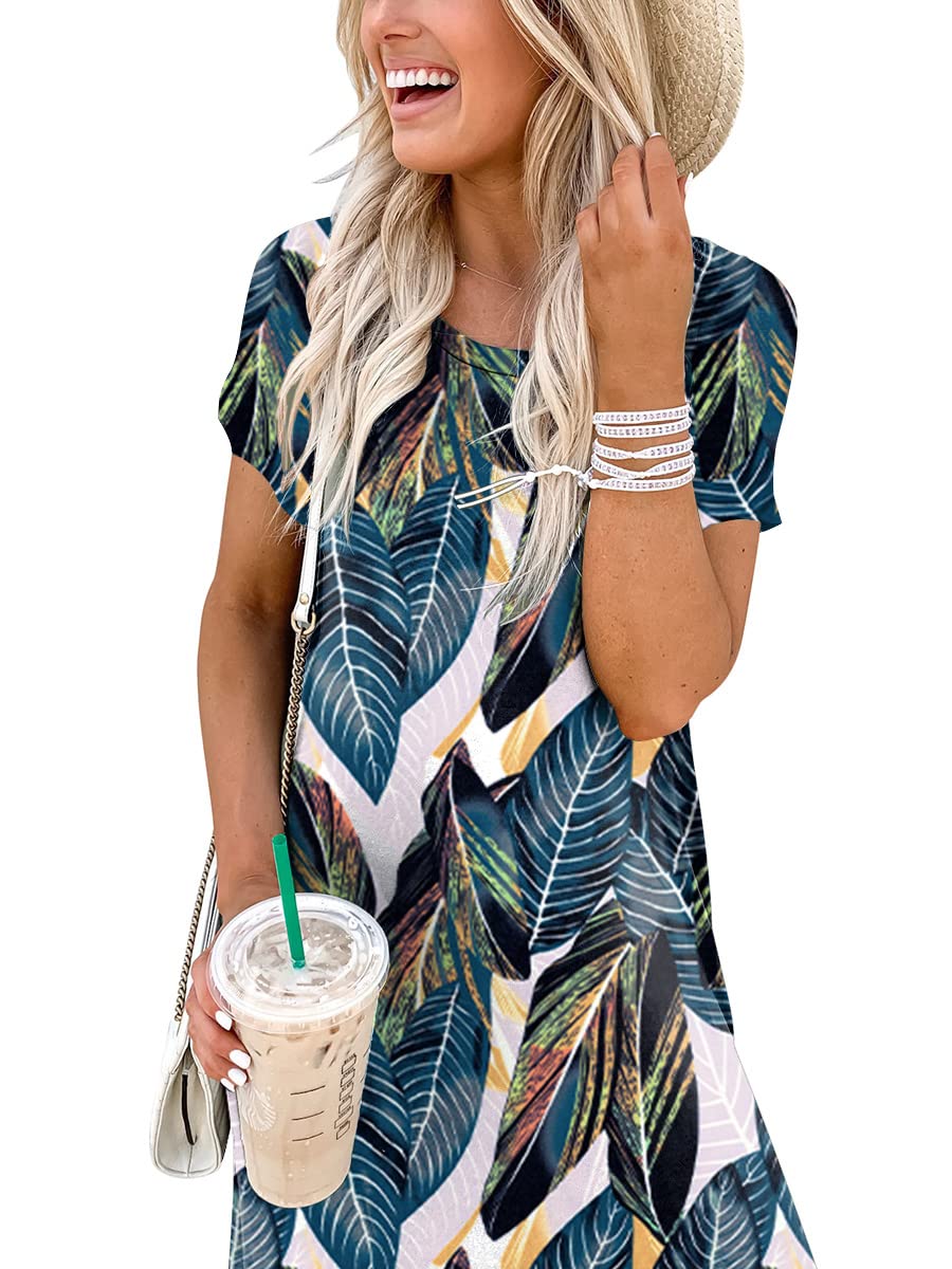 ANRABESS Women's Summer Casual Loose Short Sleeve Long T Shirt Dress Split Maxi Beach Sundress Travel Vacation Outfits Leaf Print X-Large