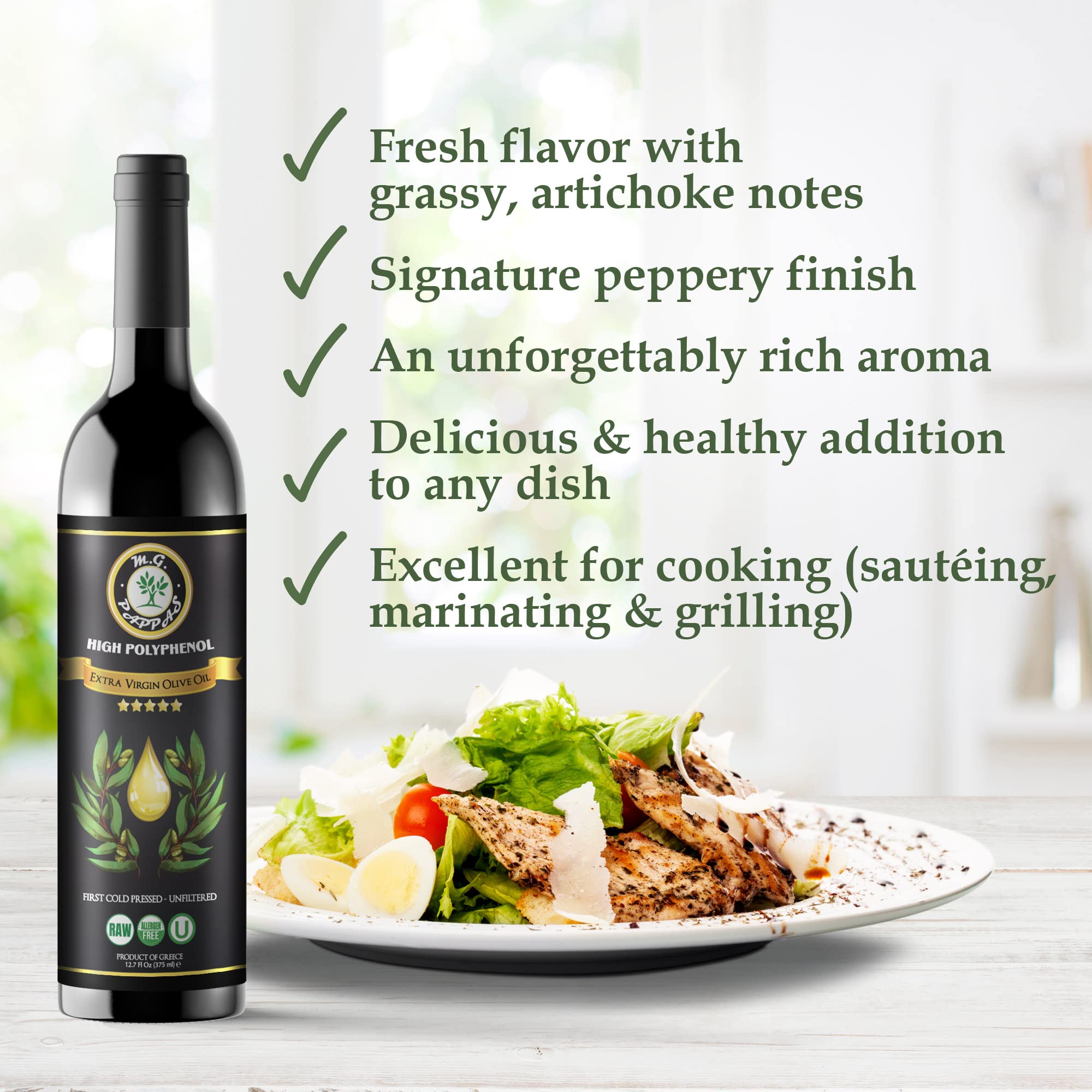 M.G. PAPPAS High Polyphenol Rich Olive Oil - New Harvest - Extra Virgin Olive Oil Polyphenol Lab Report 714mg/kg - Cold Pressed & Unfiltered - High Hydroxytyrosol Greek Olive Oil - Award Winning - 12.7 Oz 375ml