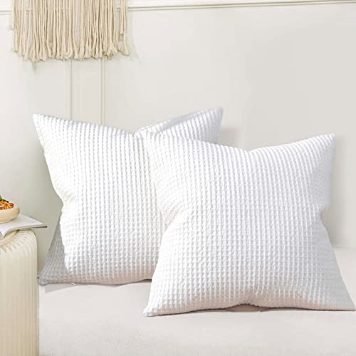 PHF 100% Cotton Waffle Weave Euro Shams 26" x 26", 2 Pack Elegant Home Decorative Euro Throw Pillow Covers for Bed Couch Sofa, White (No Insert)