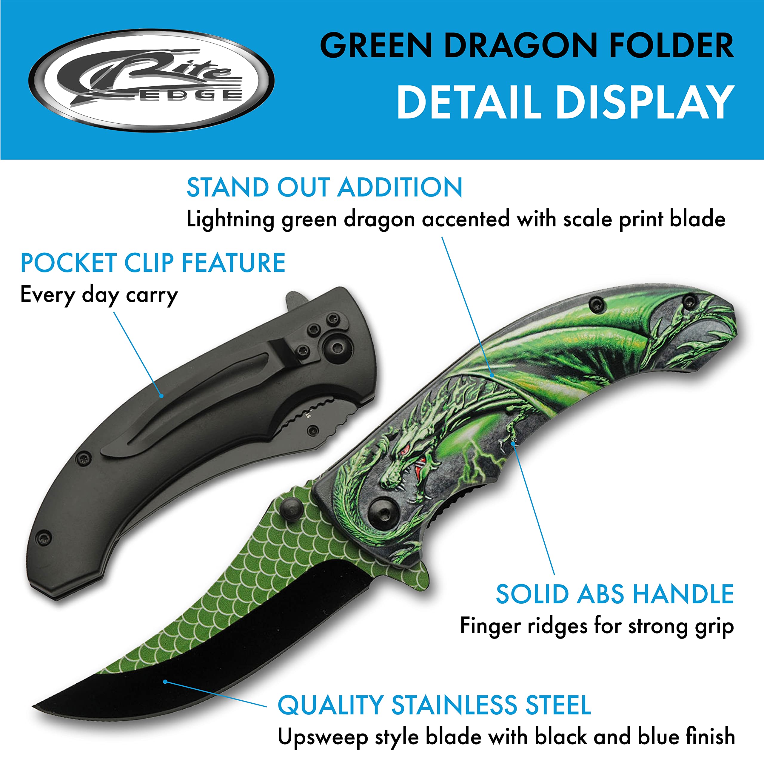 SZCO Supplies 300551-GN Green Dragon Assisted Open Liner Lock Edc Upsweep Folding Knife, 8" Length