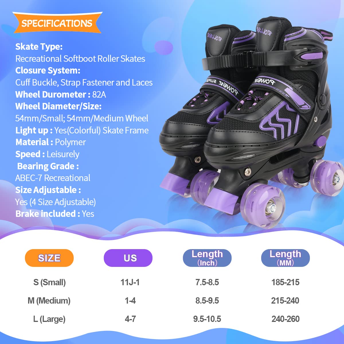 Toddler Roller Skates for Girls Kids Ages 3-5 Adjustable 4 Sizes Small Size