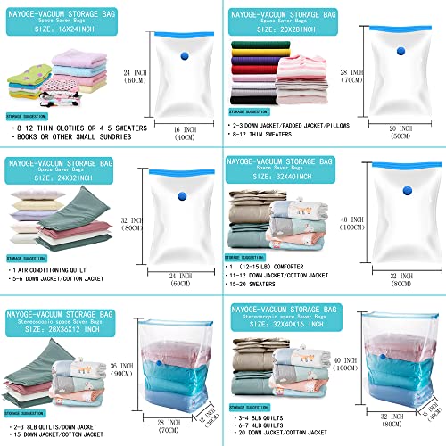 Nayoge Space Saver Vacuum Storage Bags Vacuum Sealed for Clothes,Comforters and Blanketes with Hand Pump,80% More Storage,Variety(Include 3D Bags)Pack of 6