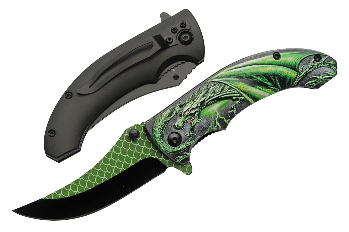 SZCO Supplies 300551-GN Green Dragon Assisted Open Liner Lock Edc Upsweep Folding Knife, 8" Length