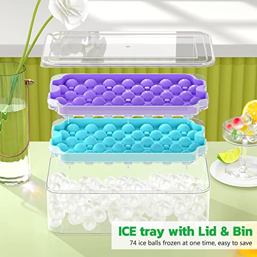 Upgrade Round Ice Cube Tray with Lid & Bin, TINANA Silicone Ice Ball Maker for Freezer, Easy Release Circle Ice Cube Tray with Container Make 74 Mini Ice Balls for Chilling Whiskey, Cocktail, Coffee