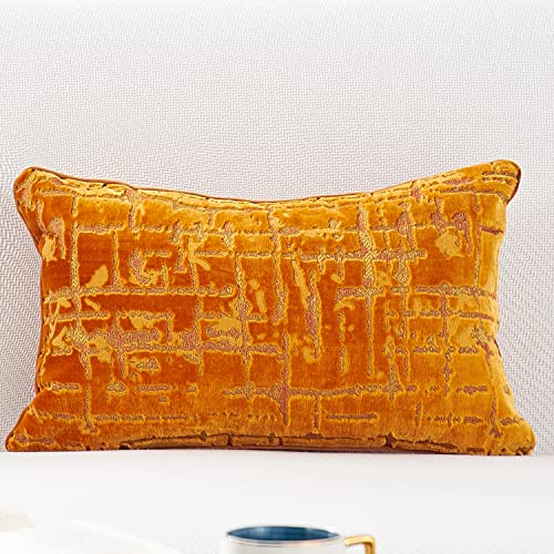 Alerfa 12 x 20 Inch Rectangle Geometrical Plaid Striped Embroidery Cut Velvet Cushion Case Luxury Modern Lumbar Throw Pillow Cover Decorative Pillow for Couch Sofa Living Room Bedroom Car, Orange