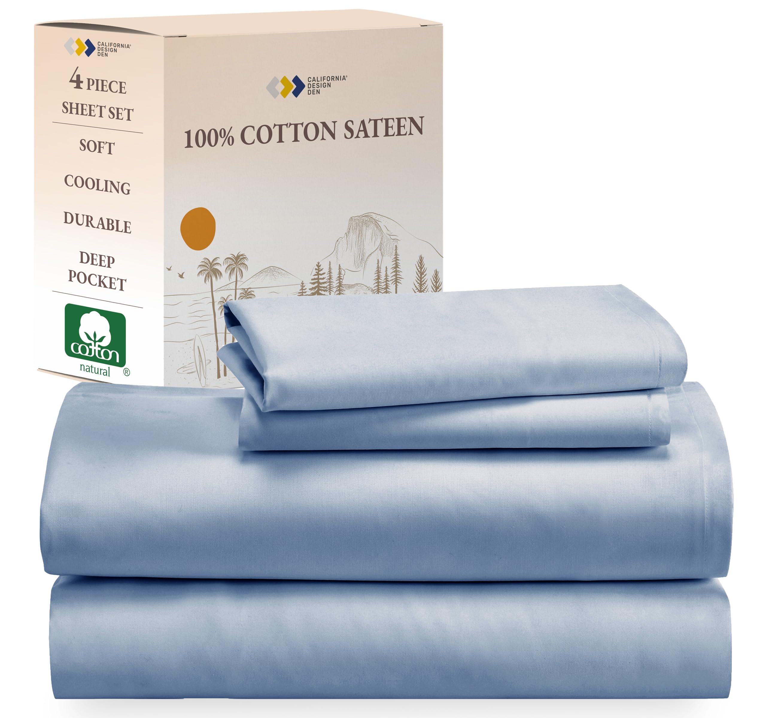 California Design Den Soft 100% Cotton Sheets Full Size Bed Sheet Set with Deep Pockets, Full Size Sheets Set with Sateen Weave, Cooling Sheets (Blue Hydrangea)