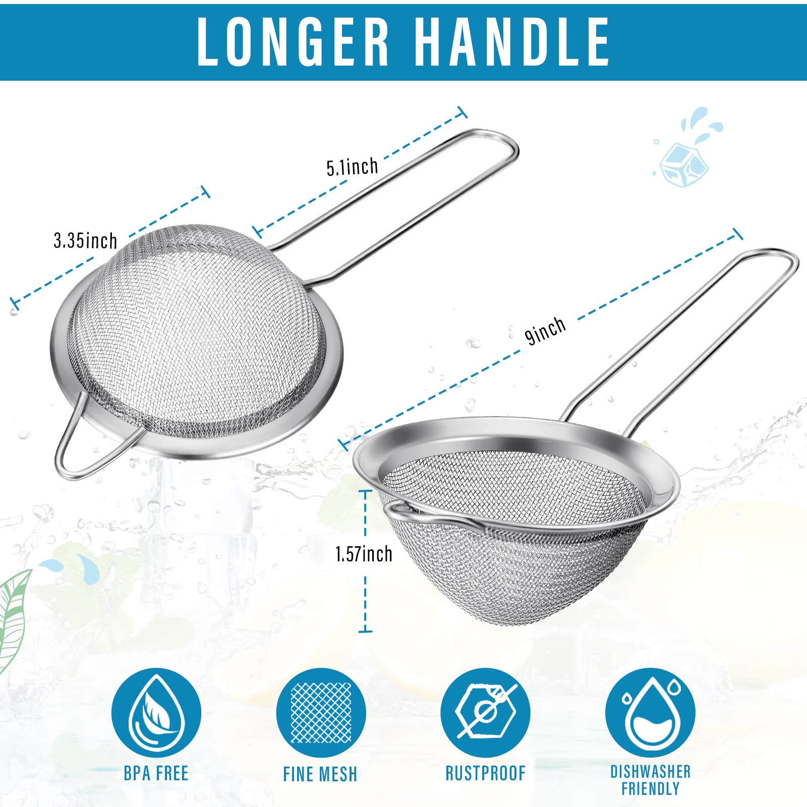 Epakh 9 Packs Stainless Steel Small Strainer, Steel Cone Shaped Cocktail Strainer for Juice, Tea Herbs, Coffee Drinks, Long Handle Coffee Food, 3.2 Inches Silver