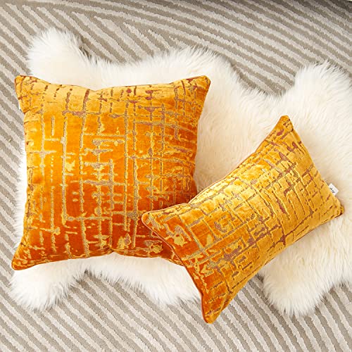 Alerfa 12 x 20 Inch Rectangle Geometrical Plaid Striped Embroidery Cut Velvet Cushion Case Luxury Modern Lumbar Throw Pillow Cover Decorative Pillow for Couch Sofa Living Room Bedroom Car, Orange