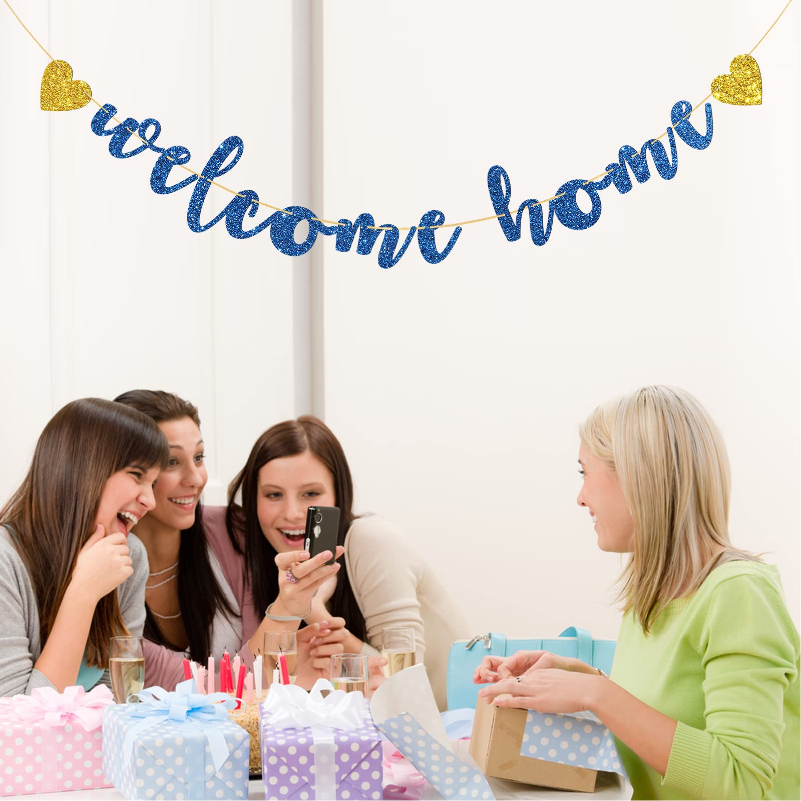 Welcome Home Banner, Glitter Welcome Party, Retirement, New House, Moving Away Party Decoration Supplies Blue Glitter