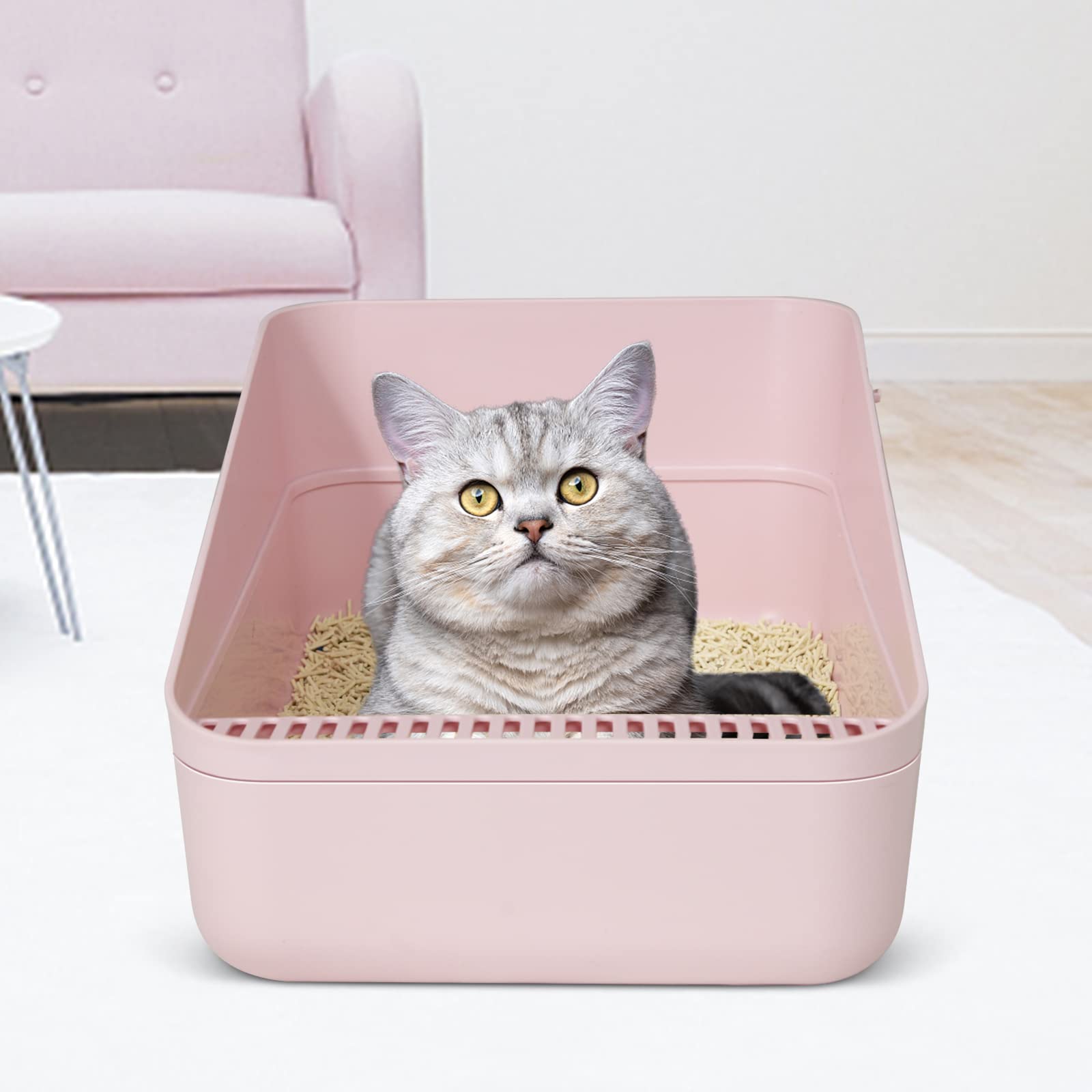 Sfozstra Open Litter Box,Prevent Sand Leakage, Durable High Side Sifting Litter Box for Small Cats,Enclosed,Secure and Odor Litter Box, Removable Litter Box, Easy to Clean(Pink M)