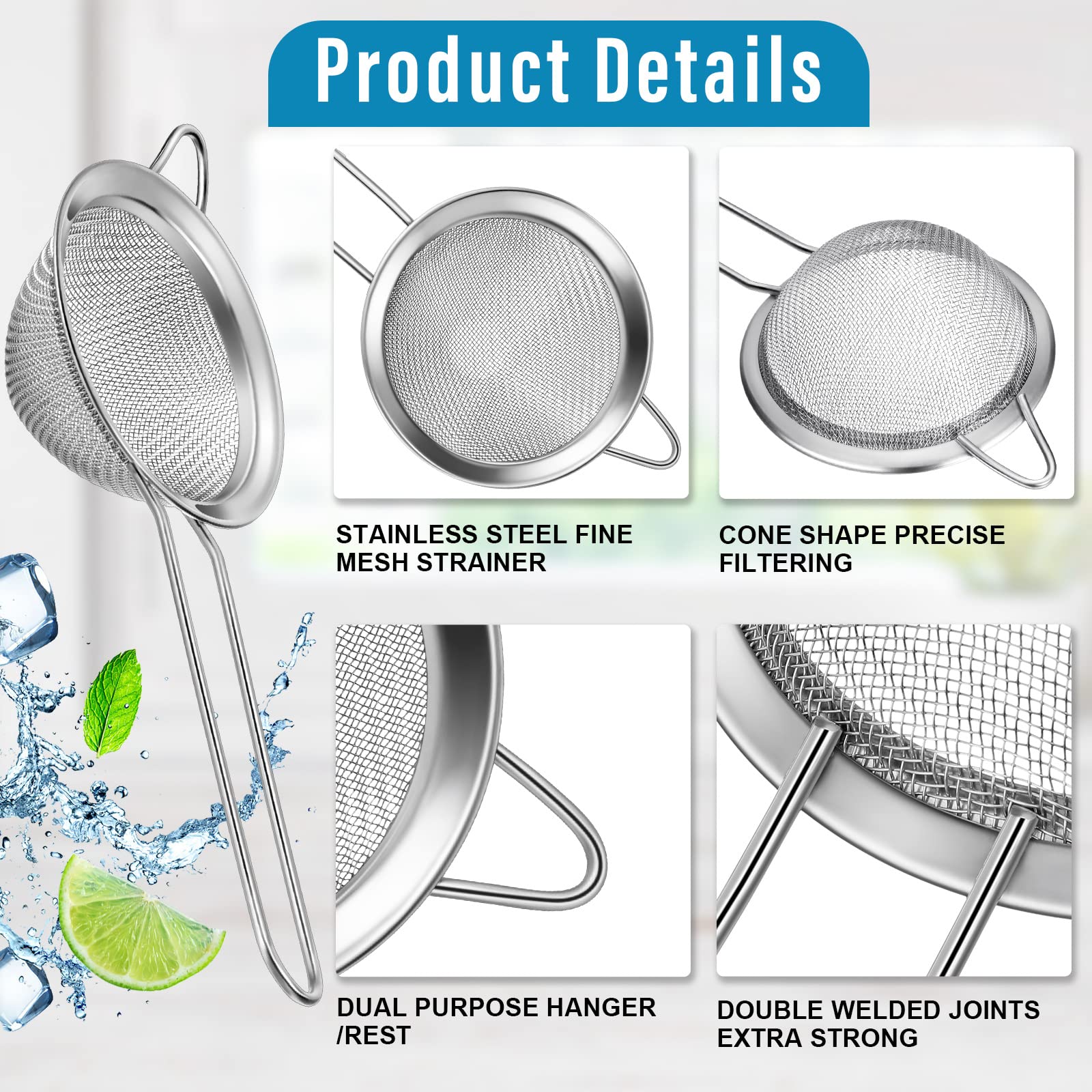 Epakh 9 Packs Stainless Steel Small Strainer, Steel Cone Shaped Cocktail Strainer for Juice, Tea Herbs, Coffee Drinks, Long Handle Coffee Food, 3.2 Inches Silver