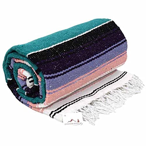 Open Road Goods Teal/Turquoise Diamond Mexican Yoga Blanket, Thick Serape with Pink Sunset Stripes - Handmade Blanket