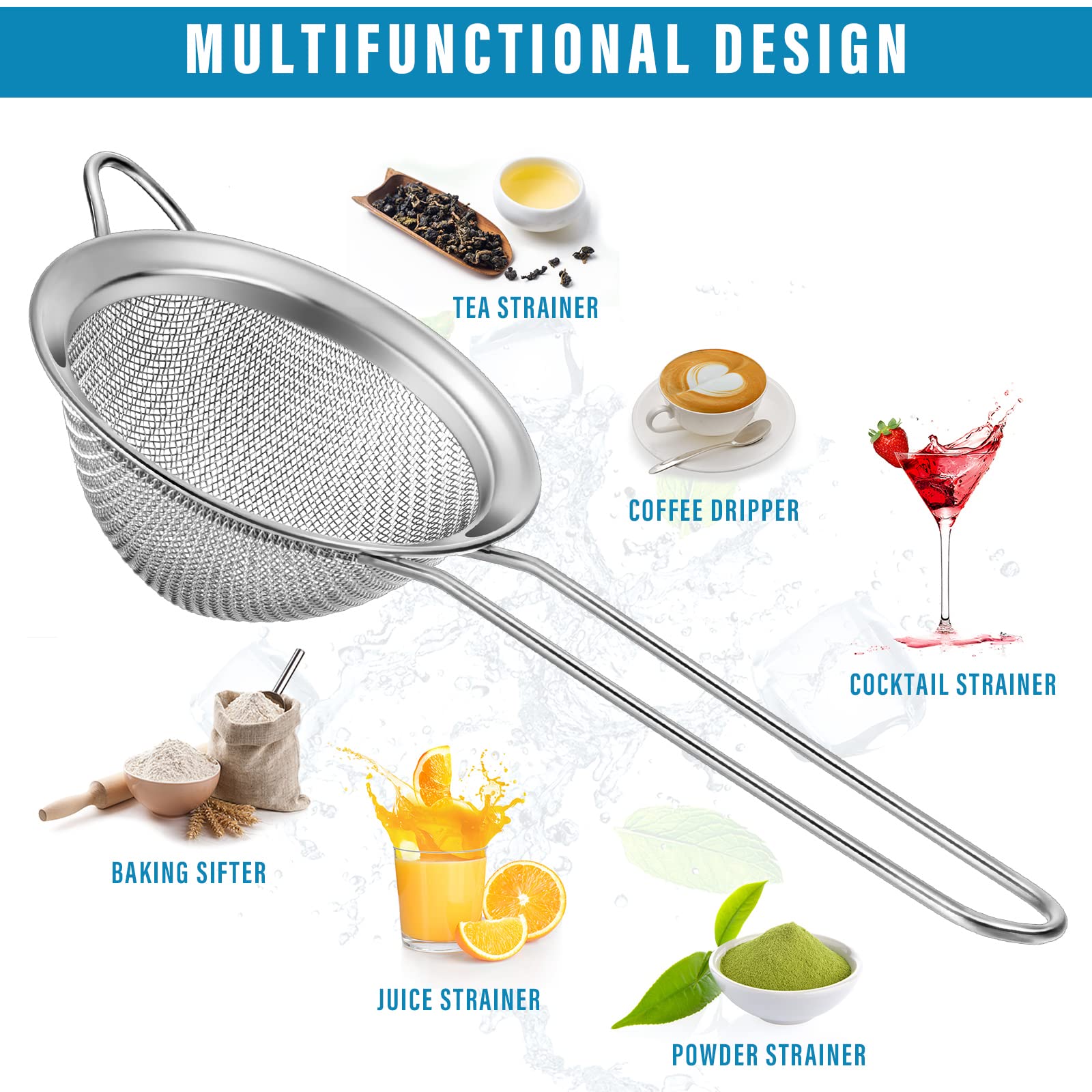 Epakh 9 Packs Stainless Steel Small Strainer, Steel Cone Shaped Cocktail Strainer for Juice, Tea Herbs, Coffee Drinks, Long Handle Coffee Food, 3.2 Inches Silver