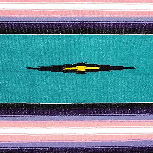 Open Road Goods Teal/Turquoise Diamond Mexican Yoga Blanket, Thick Serape with Pink Sunset Stripes - Handmade Blanket