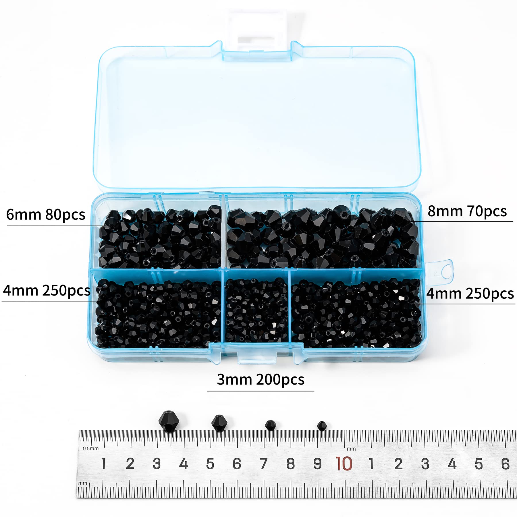 Bicone Crystal Beads for Jewelry Making, Lot 850pcs 3mm 4mm 6mm 8mm Black Faceted Bicone Shaped Glass Beads for DIY Craft Bracelets Necklaces Earrings Suncatcher Beading