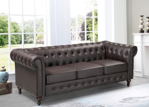 Container Furniture Direct Teressa Faux Leather Chesterfield Sofa for Living Room, Apartment or Office, Three Seater Mid Century Modern Couch, 82" W, Brown