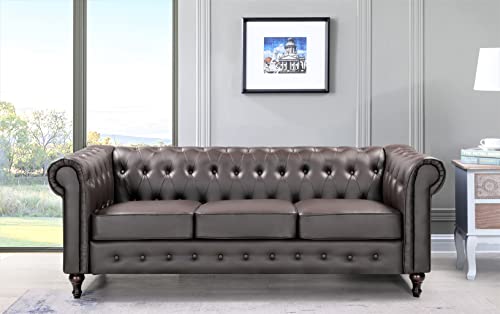Container Furniture Direct Teressa Faux Leather Chesterfield Sofa for Living Room, Apartment or Office, Three Seater Mid Century Modern Couch, 82" W, Brown