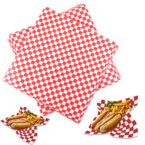 Hslife 100 Sheets Red and White Checkered Dry Waxed Deli Paper Sheets, Paper Liners for Plastic Food Basket, Wrapping Bread and Sandwiches