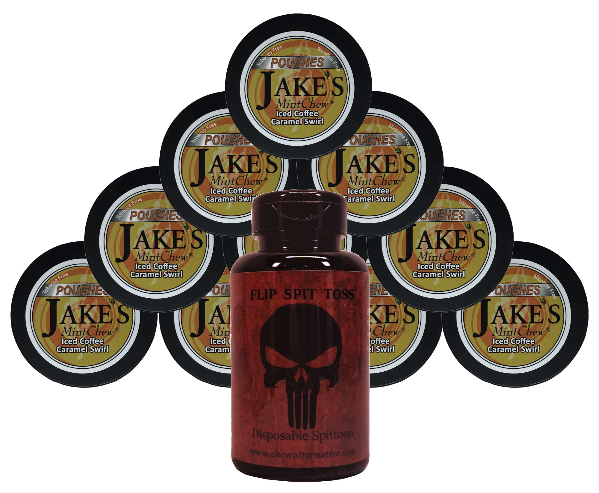 DC Crafts Nation Mud Bud Spittoon Skull with 10 Cans Jake's Mint Chew Iced Coffee Caramel Swirl Pouches