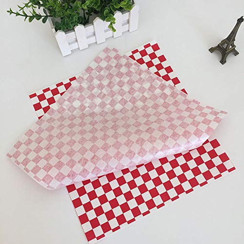Hslife 100 Sheets Red and White Checkered Dry Waxed Deli Paper Sheets, Paper Liners for Plastic Food Basket, Wrapping Bread and Sandwiches