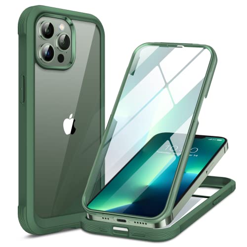 Miracase Glass Case Compatible with iPhone 13 Pro Max Case 6.7 inch, [Glass Screen Protector] Full Body Rubber Bumper Case Cover (Alpine Green)
