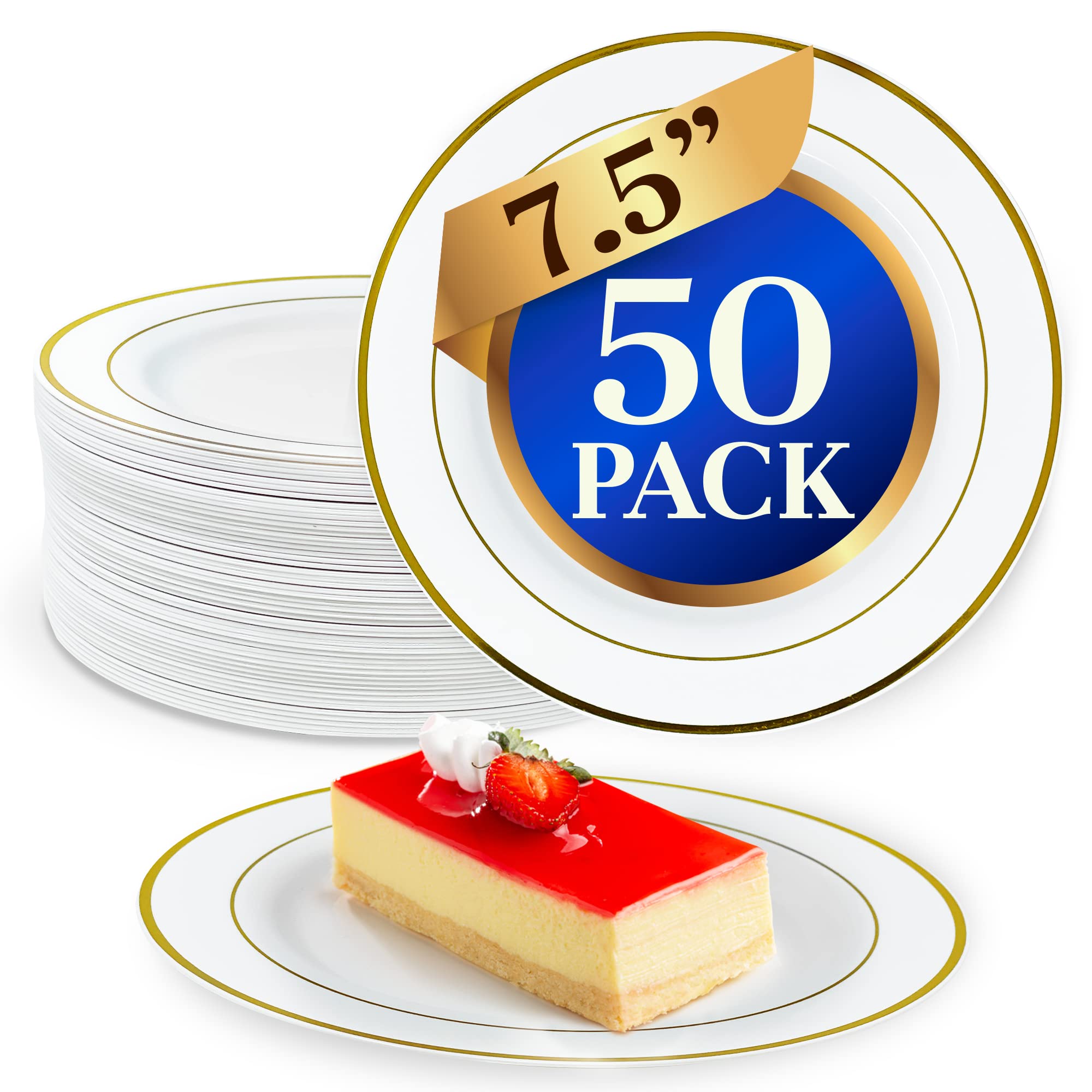 Reli. 50 Pcs Plastic Dessert Plates, Disposable (7.5 inch, White w/Gold Rim) | Small Plates for Party, Heavy Duty | Hard Plastic, for Dessert, Wedding, Birthday, Salad/Appetizer (7.5")