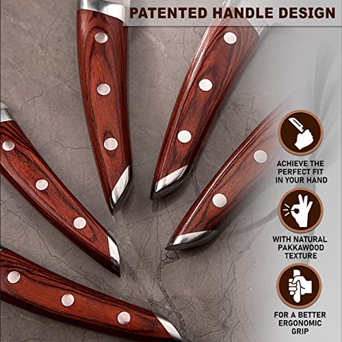 Brewin CHEFILOSOPHI Chef Knife Set 5 PCS with Elegant Red Pakkawood Handle Ergonomic Design,Professional Ultra Sharp Kitchen Knives for Cooking High Carbon Stainless Steel Japanese Chef's Knife