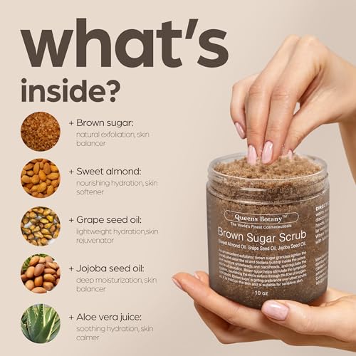 Brown Sugar Body Oil Scrub - Moisturizing Sweet Almond, Grape Seed, Jojoba Seed & Body Oils - Exfoliating Salt Scrub For Body - Win Against Aging, Stretch Marks, Acne & Dead Skin Scars- 10 oz